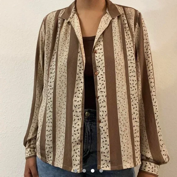 Tops | Vintage Retro Brown Striped Graphic Button Down | Poshmark